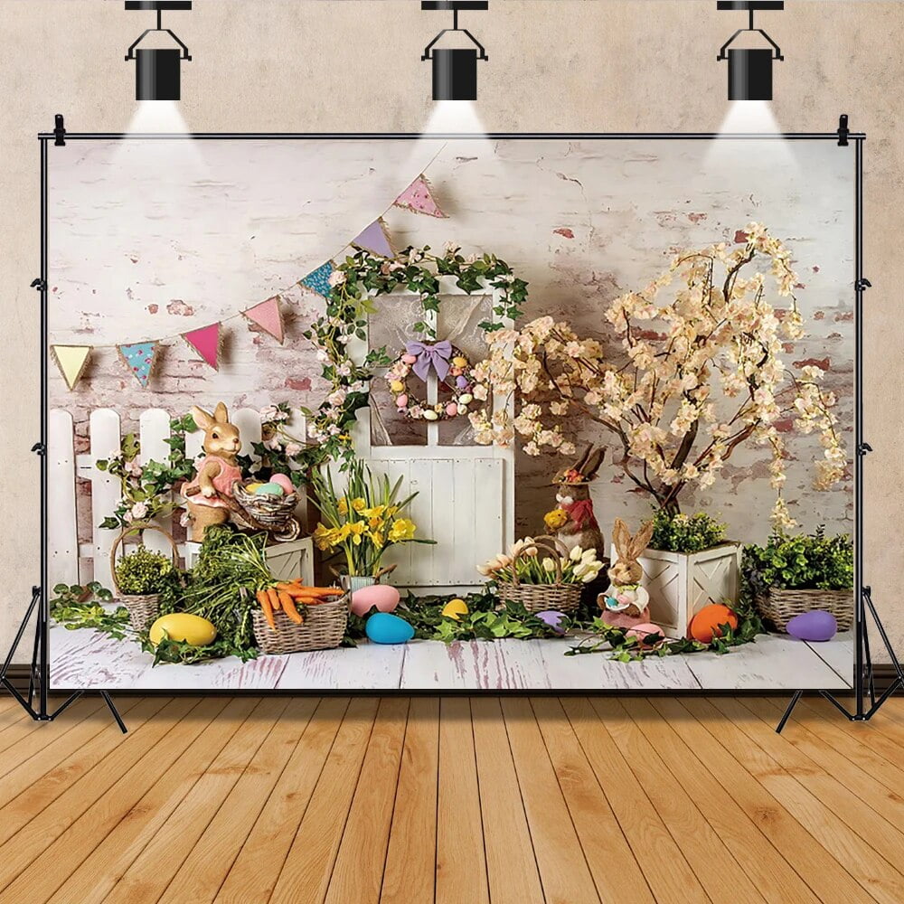 Spring Easter Eggs Photography Backdrops Cute Rabbit Carrot Flower ...
