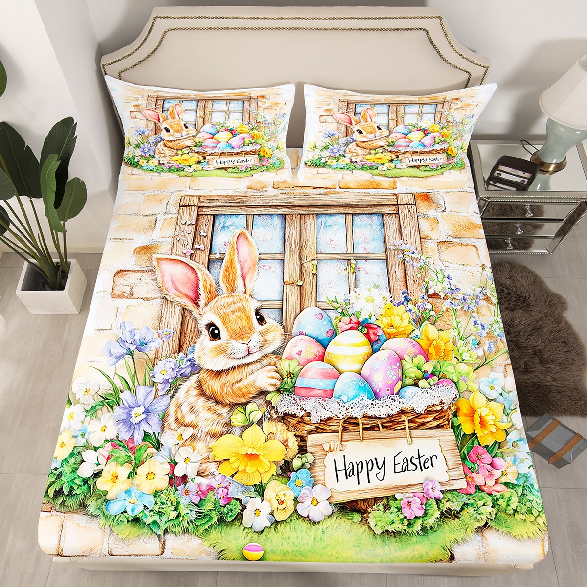 Spring Easter Fitted Sheet Queen Size Kawaii Rabbit Animal Easter Eggs ...