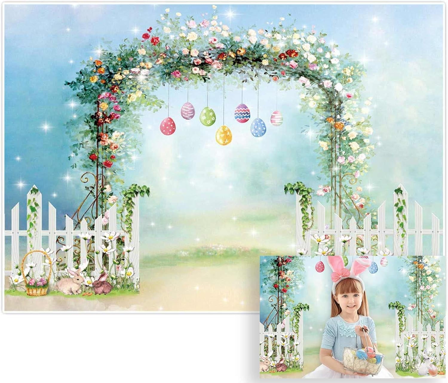 Spring Easter Floral Backdrop Pictures Bunny Colorful Eggs Fence Carrot ...