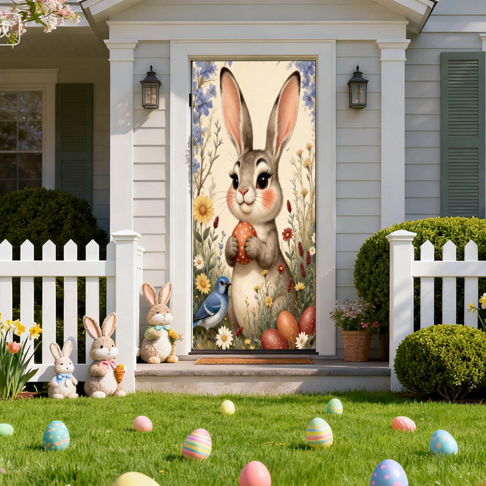 Spring Easter Front Door Decor Cute Bunny Banner Door Cover, White ...