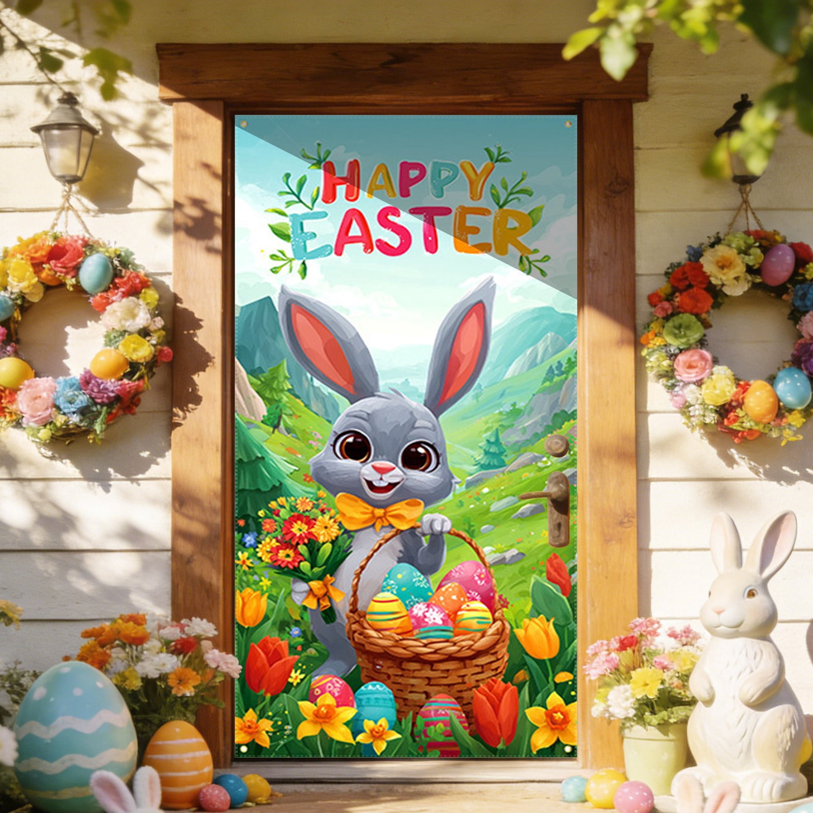 Spring Easter Front Door Decorative Fun Bunny Wreath Hanging Ornament ...