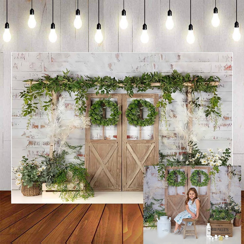 Spring Easter Green Leaves Flower White Brick Wall Wood Door Kids ...