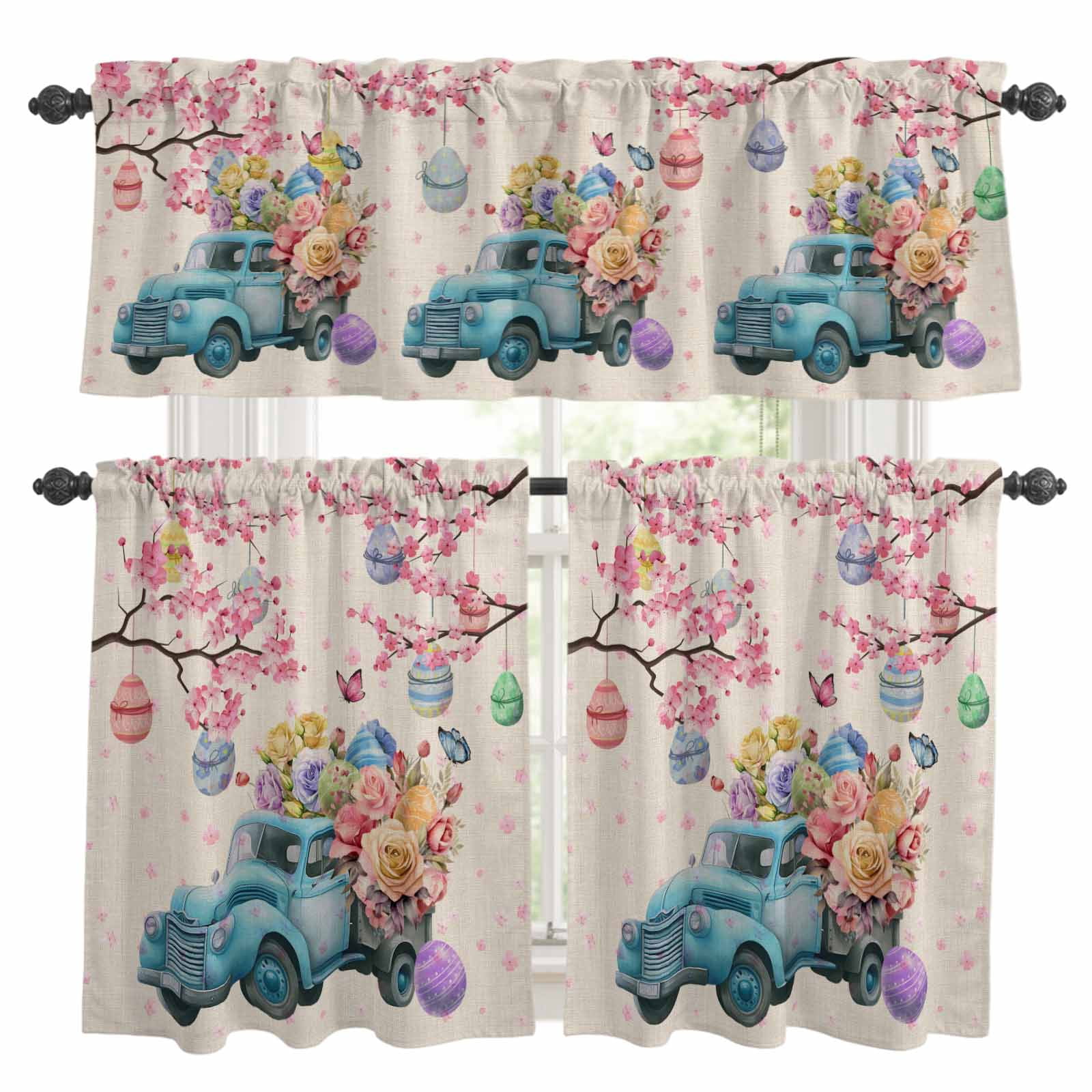 Spring Easter Kitchen Curtains and Valances Set, Truck Load of Rose and ...