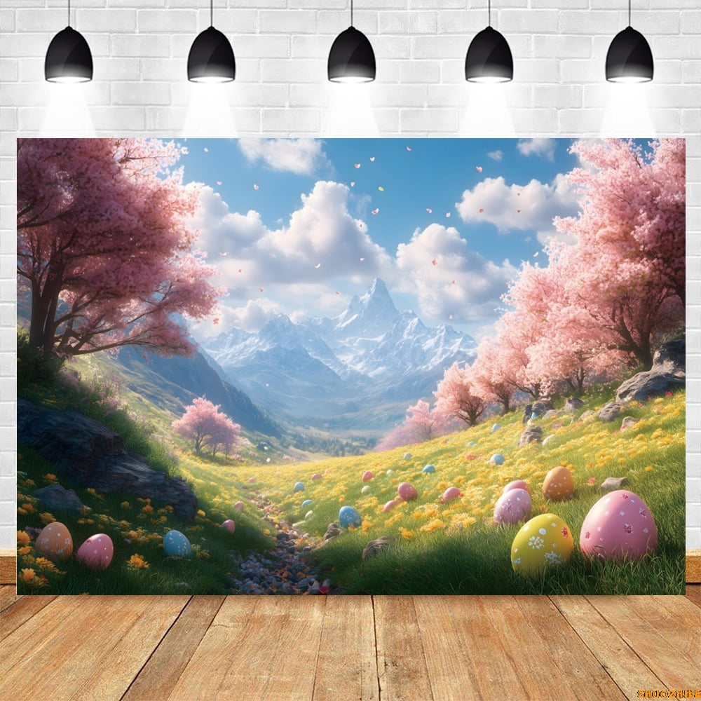 Spring Easter Photography Backdrop Flower Trees Grass Nature Scery Blue ...