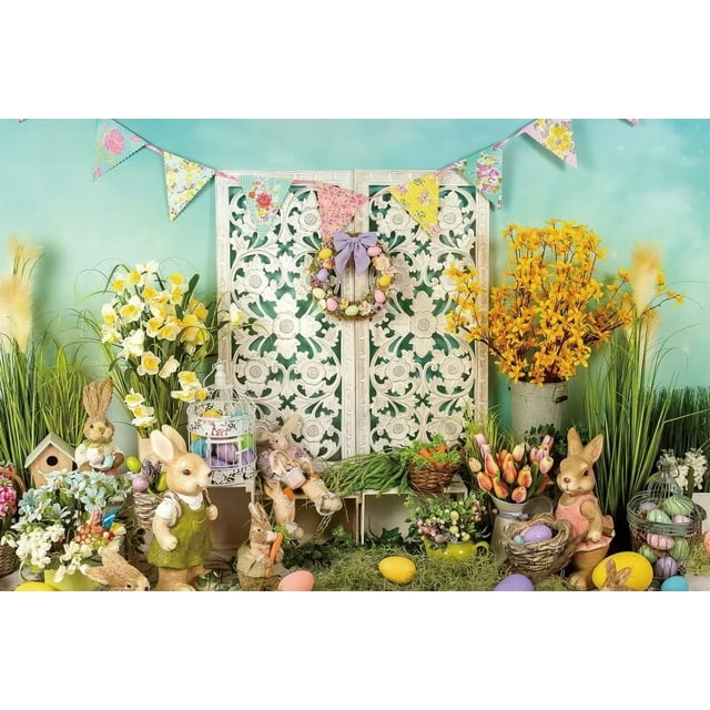 Spring Easter Photography Backdrop Interior Cute Rabbit Garden Flower ...