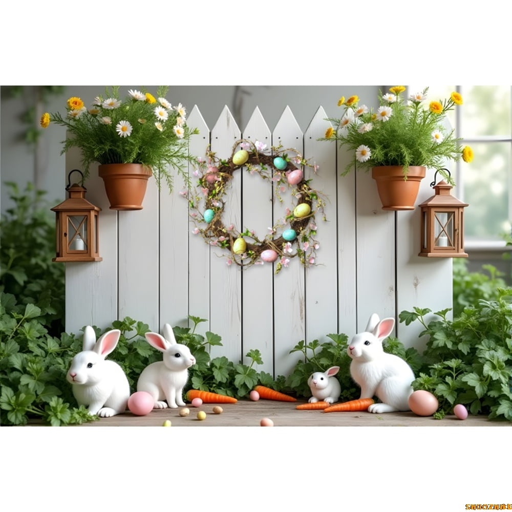 Spring Easter Photography Backdrop Rabbit Eggs Gre Wreath Bunny Carrot ...