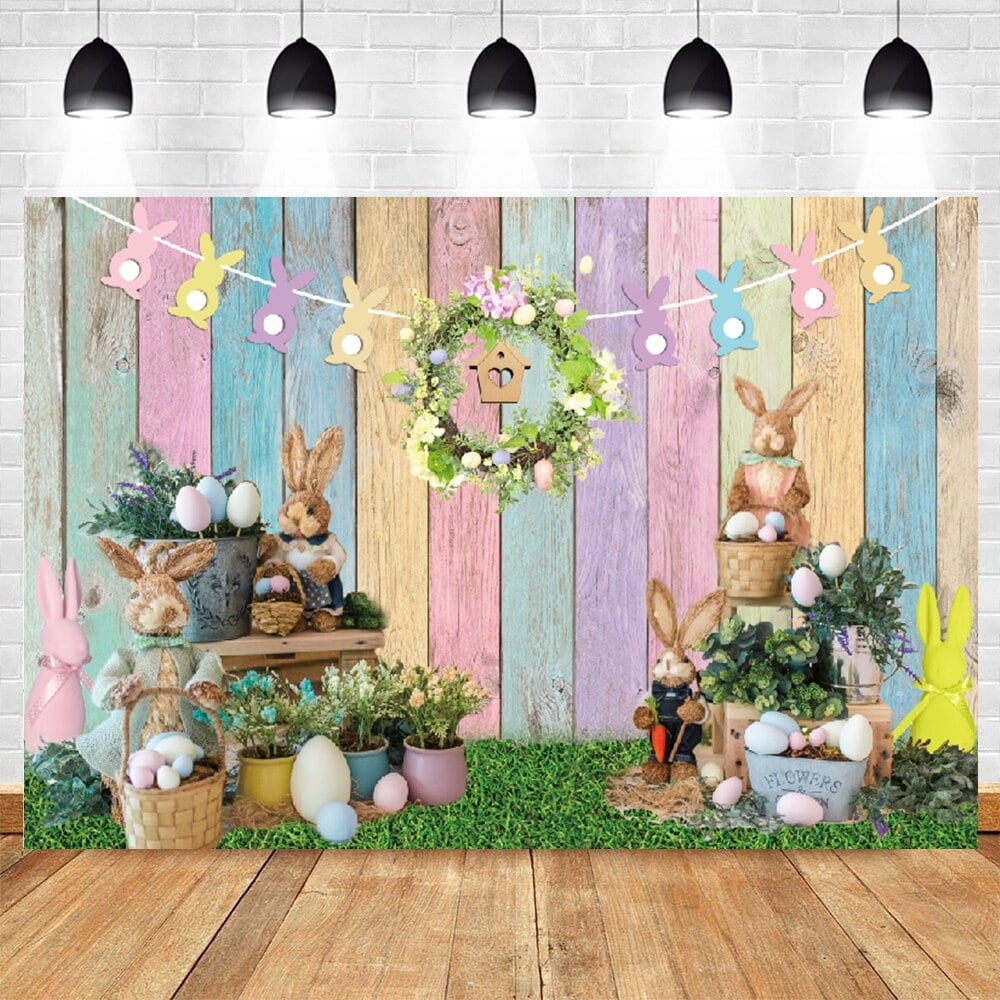 Spring Easter Photography Backdrop Wooden Wall Eggs Rabbit Bunny ...