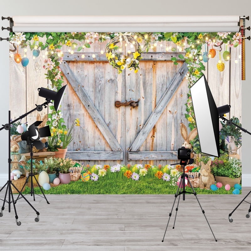 Spring Easter Photography Backdrops Wooden Door Garden Floral Grass Rabbit Eggs Background Bunny ...