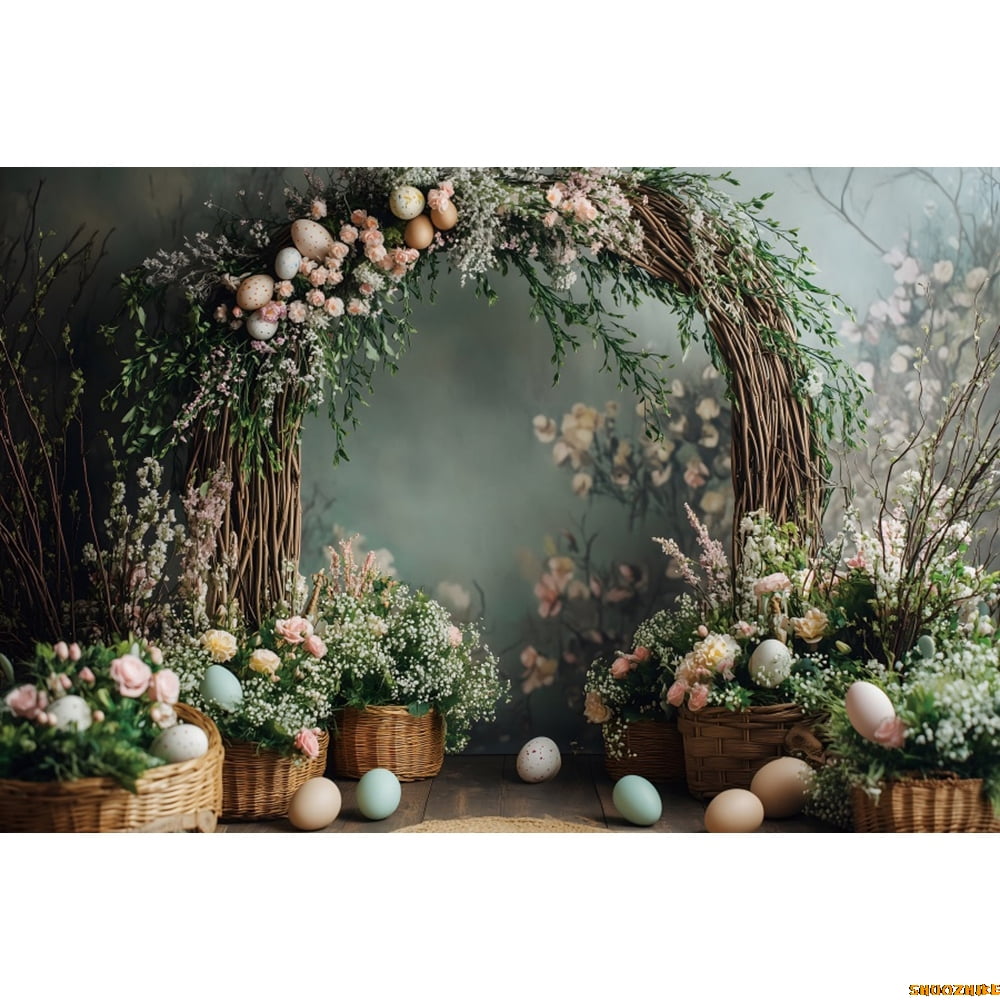 Spring Easter Photography Background Boho Flower Arch Door Bunny Colorful Eggs Rabbit Kids ...