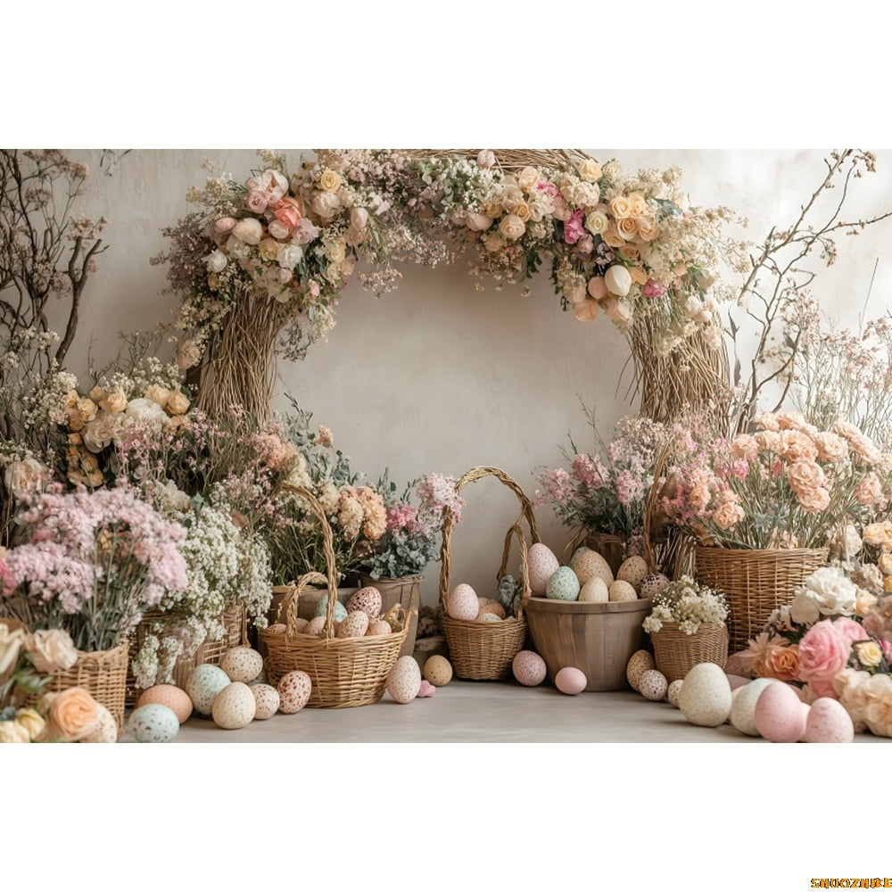 Spring Easter Photography Background Boho Flower Arch Door Bunny ...