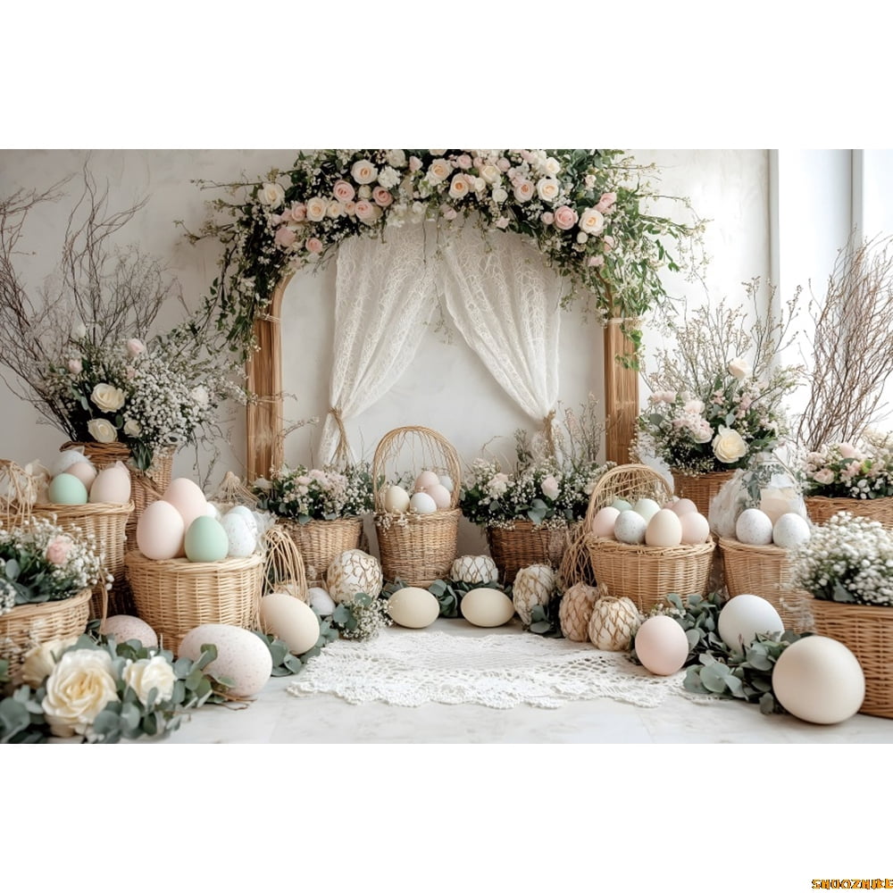 Spring Easter Photography Background Boho Flower Arch Door Bunny ...