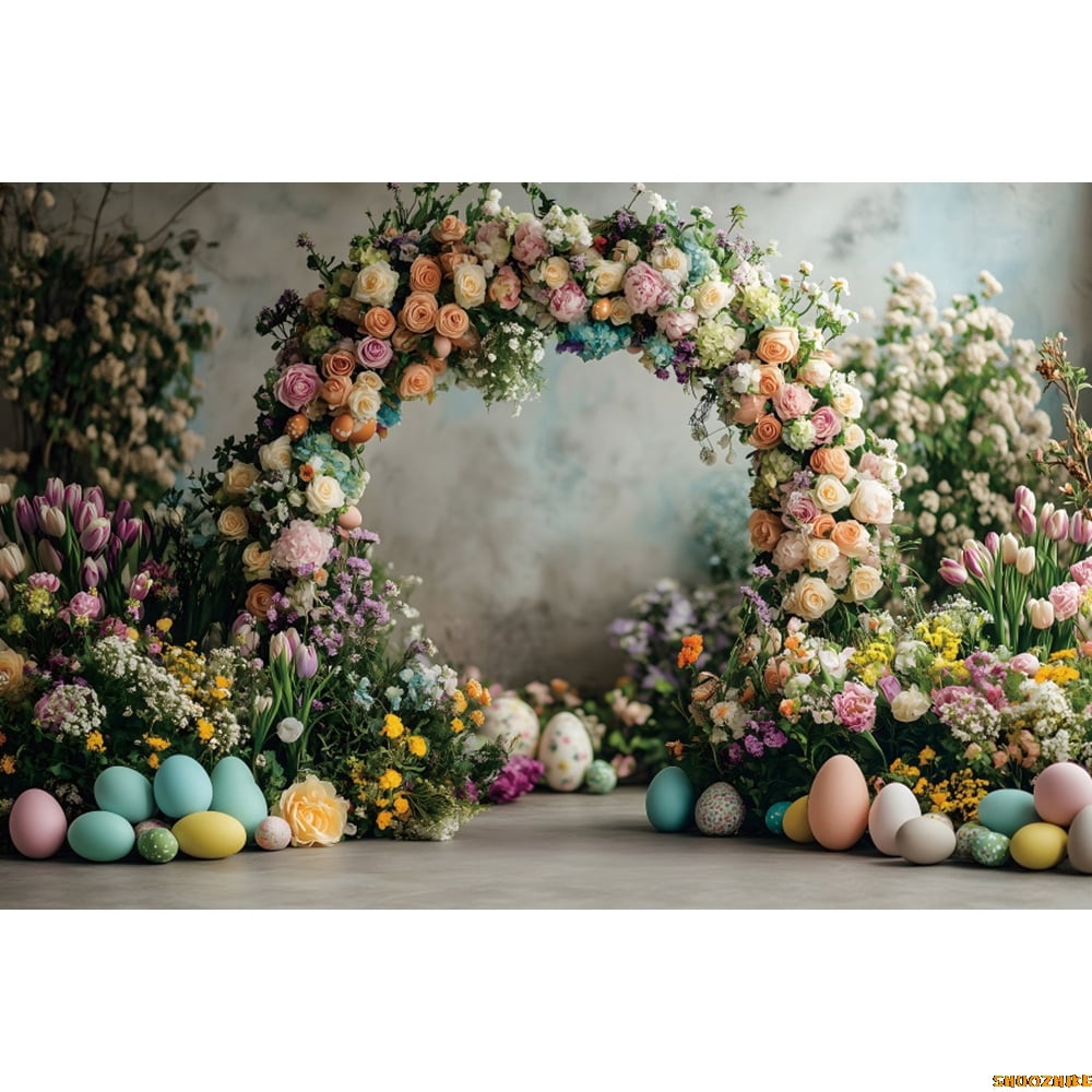 Spring Easter Photography Background Boho Flower Arch Door Bunny ...