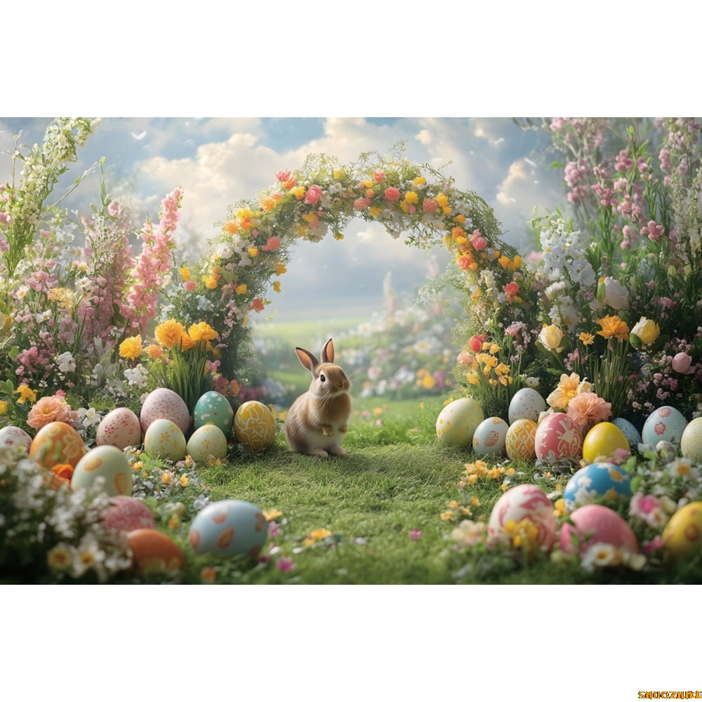 Spring Easter Photography Background Boho Flower Arch Door Bunny ...