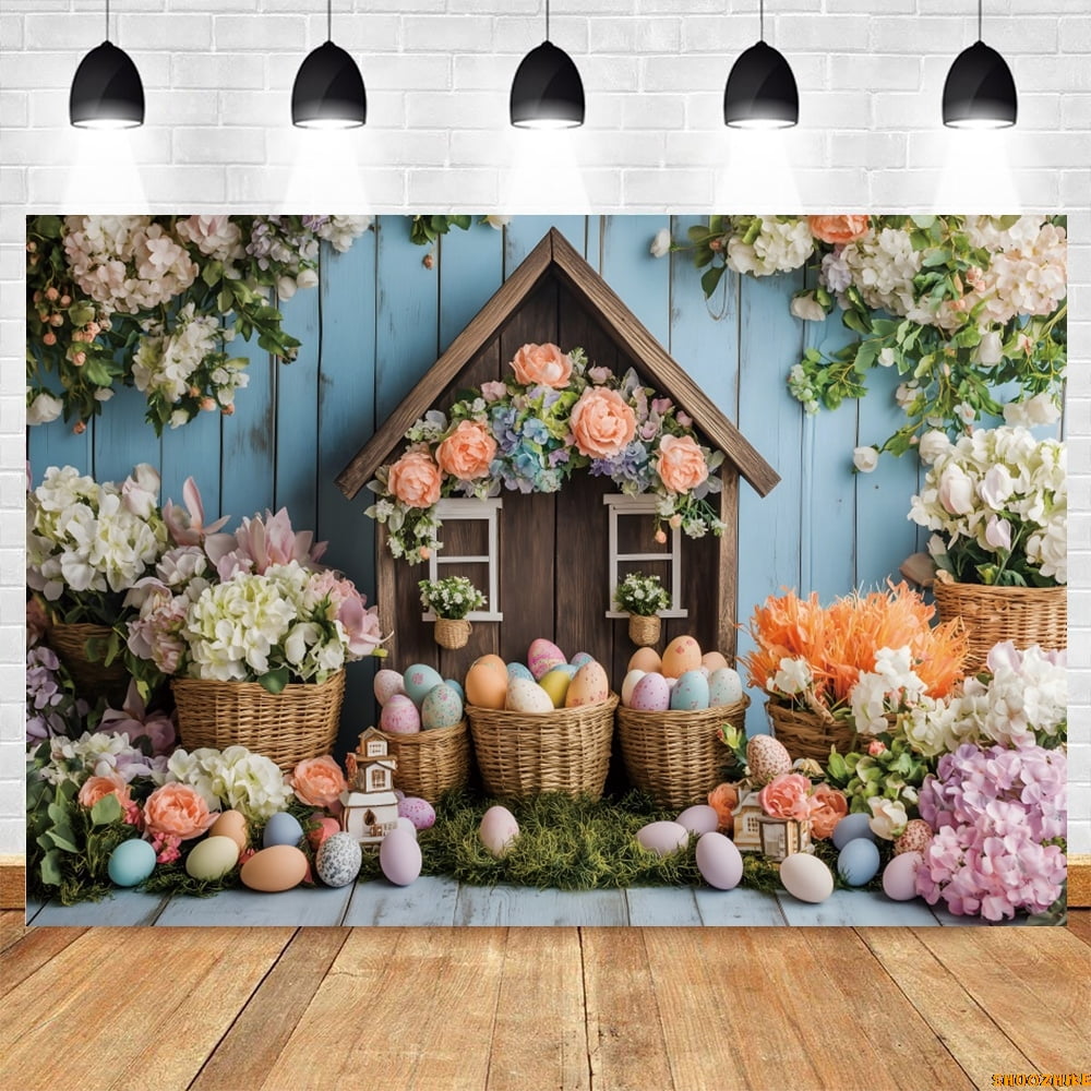 Spring Easter Photography Background Cabin Wood Wall Floor Flowers Eggs ...