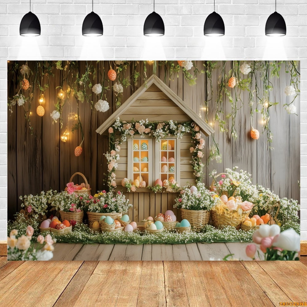Spring Easter Photography Background Cabin Wood Wall Floor Flowers Eggs ...