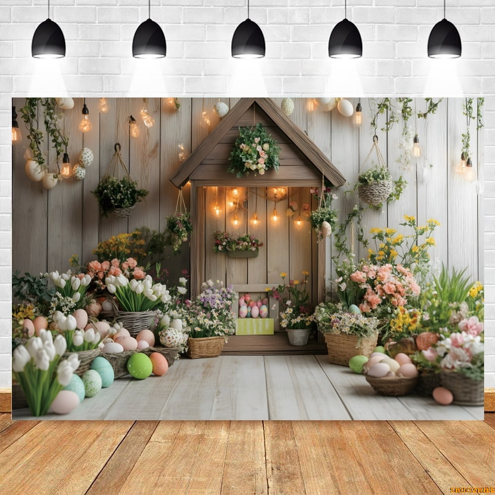 Spring Easter Photography Background Cabin Wood Wall Floor Flowers Eggs ...