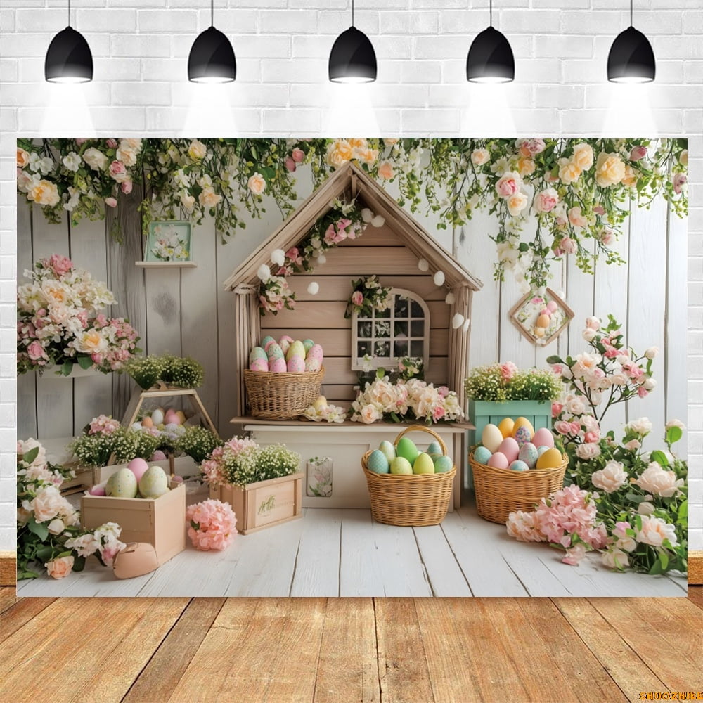 Spring Easter Photography Background Cabin Wood Wall Floor Flowers Eggs ...