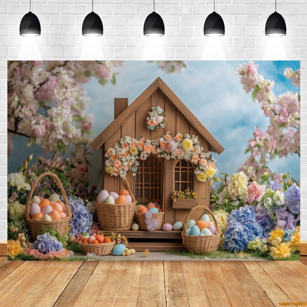 Spring Easter Photography Background Cabin Wood Wall Floor Flowers Eggs ...
