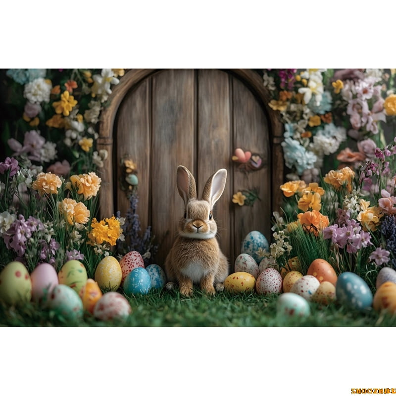 Spring Easter Photography Background Flower Shop Bunny Rabbit Wood Door ...