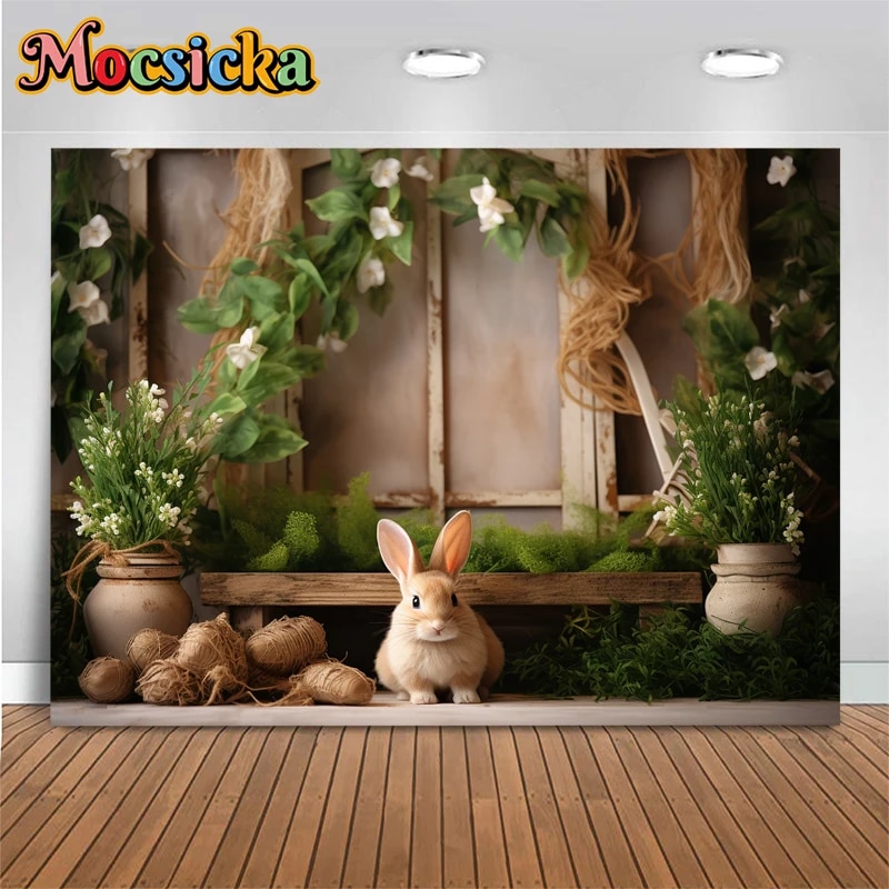 Spring Easter Rabbit Background For Photography Green Plant Flower Baby ...