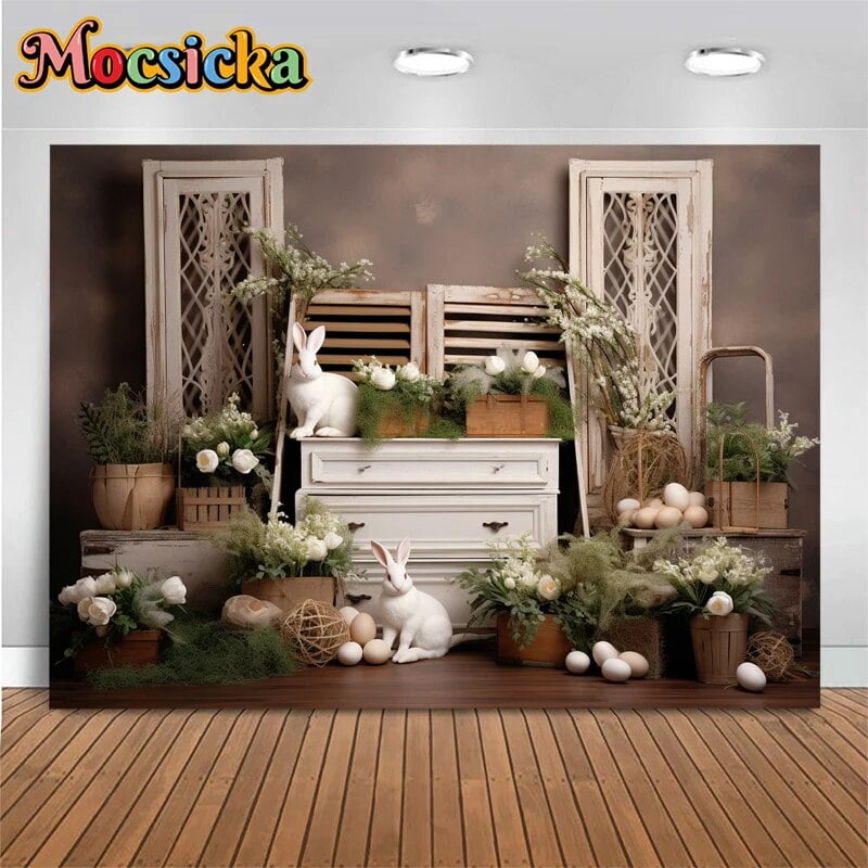 Spring Easter Rabbit Background For Photography Green Plant Flower Baby ...