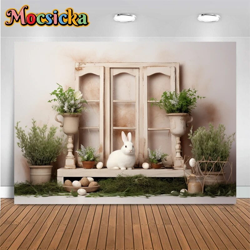 Spring Easter Rabbit Background For Photography Green Plant Flower Baby ...