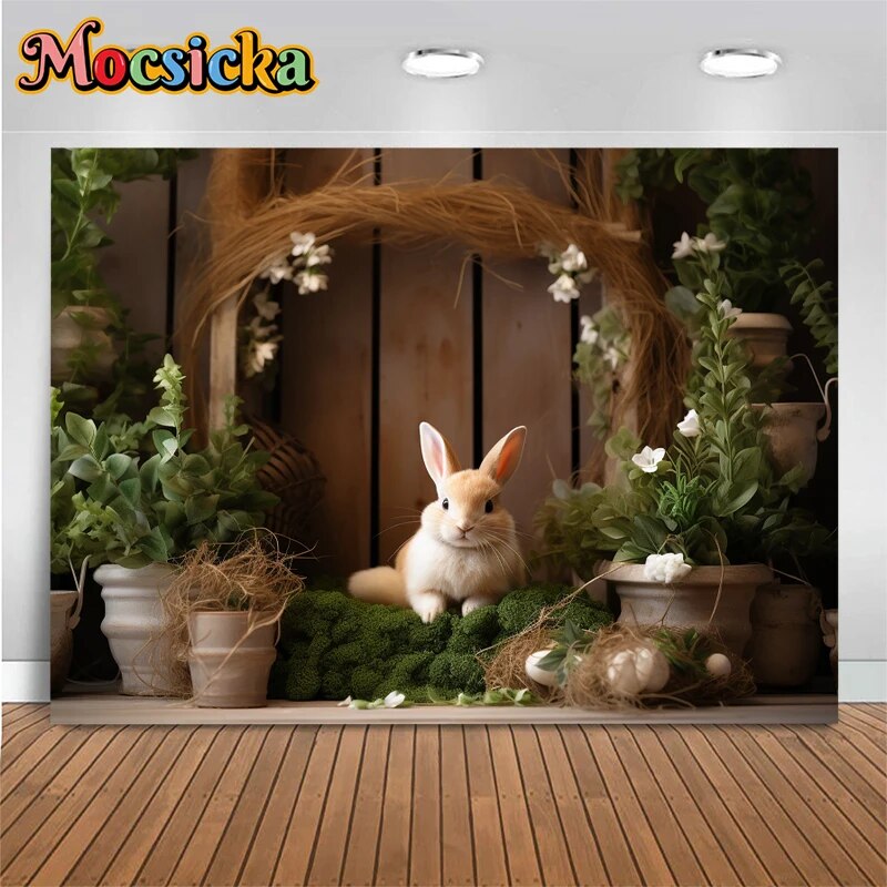 Spring Easter Rabbit Background For Photography Green Plant Flower Baby ...
