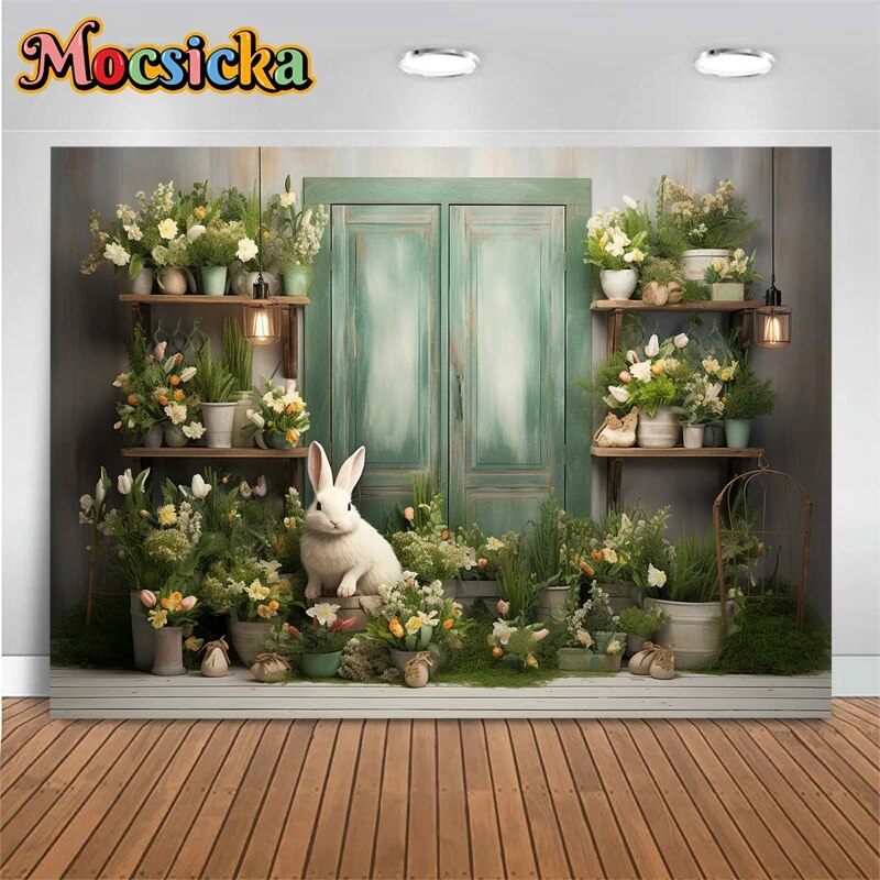 Spring Easter Rabbit Background For Photography Green Plant Flower Baby ...