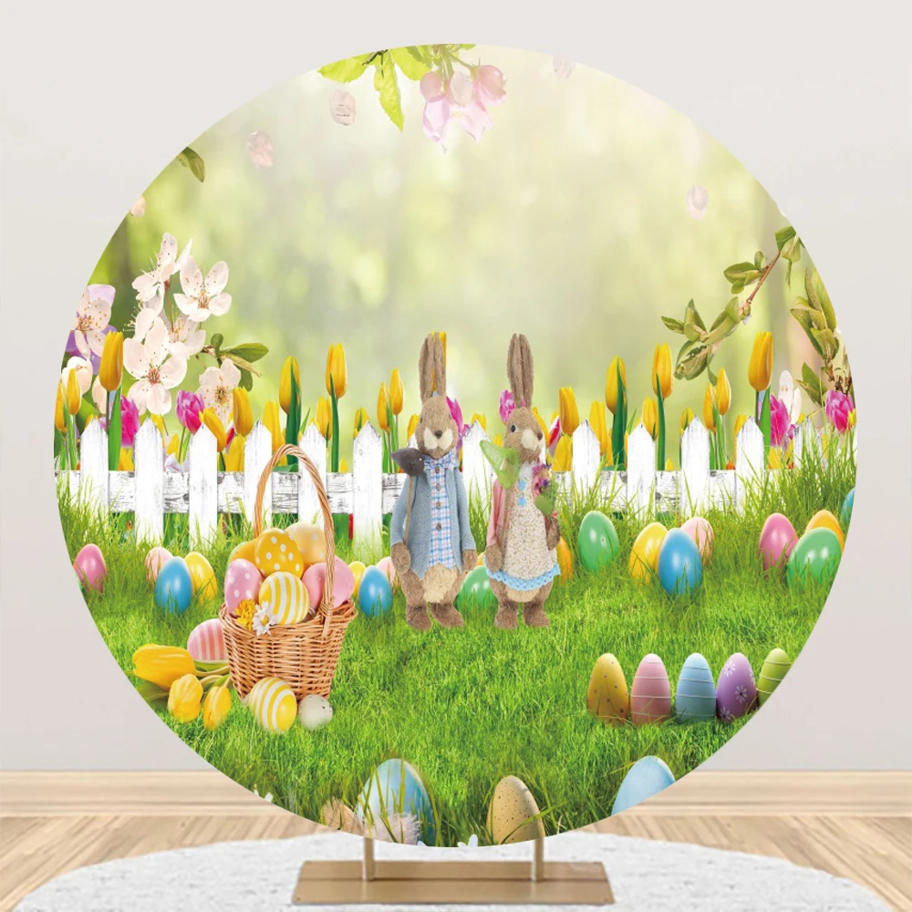 Spring Easter Round Backdrop for Photography Bunny Eggs Flower Garden ...