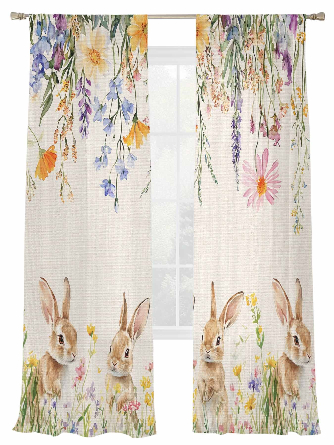 Spring Easter Sheer Curtains 2 Panels Set Bunny Cute Rabbits Wildflower ...