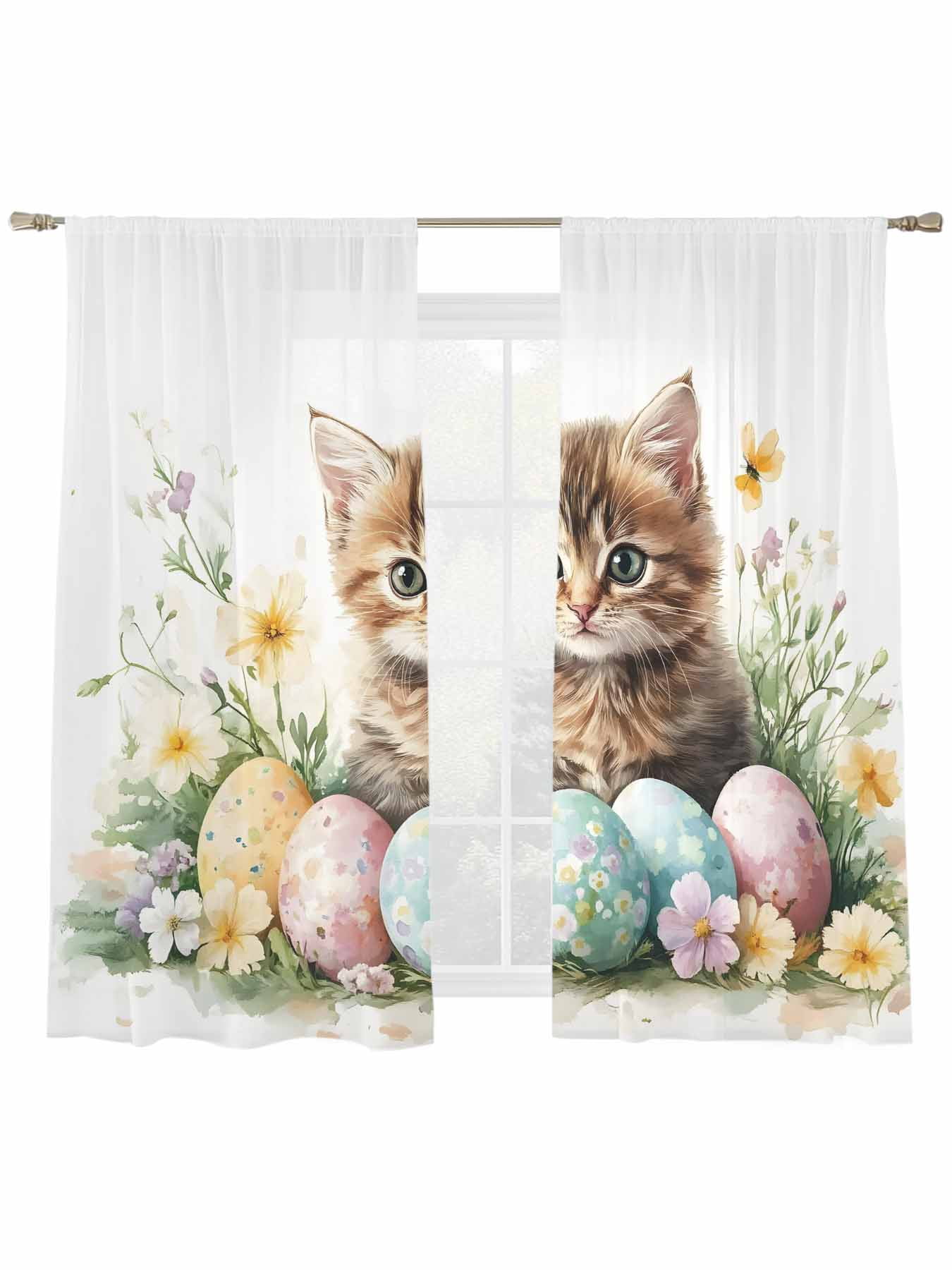 Spring Easter Sheer Curtains 2 Panels Set Cat Eggs Flowers Sheer Window ...