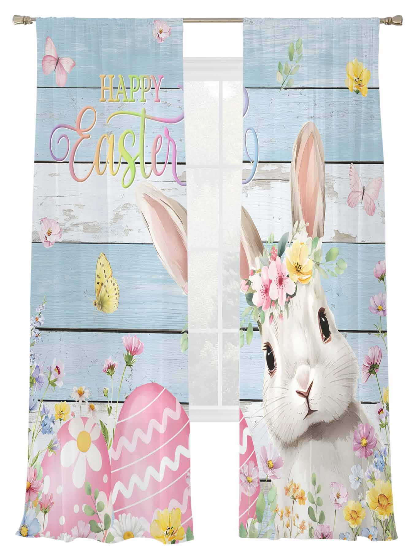 Spring Easter Sheer Curtains 2 Panels Set Rabbit Egg Colorful Flower ...