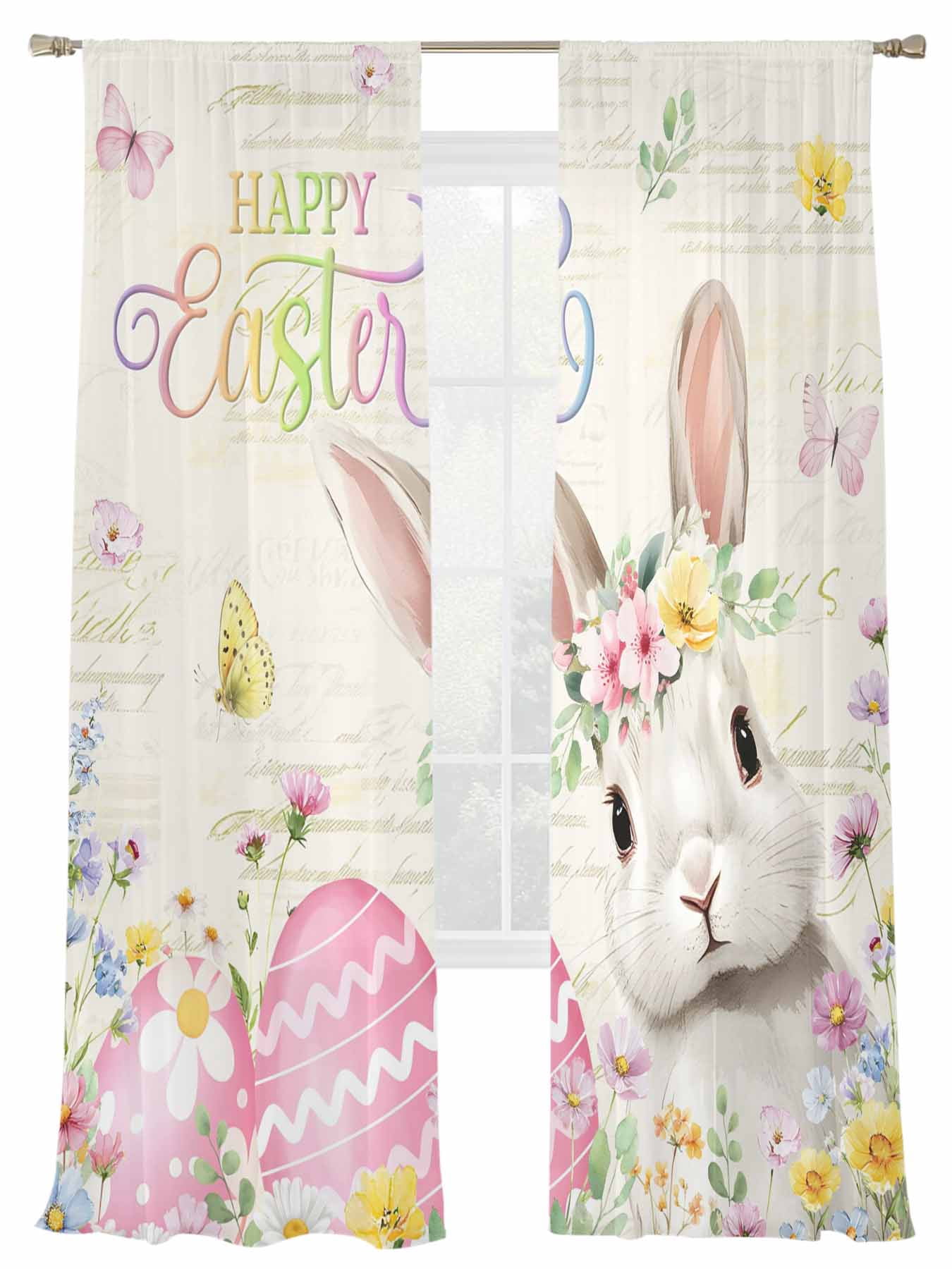 Spring Easter Sheer Curtains 2 Panels Set Rabbit Egg Colorful Flower ...