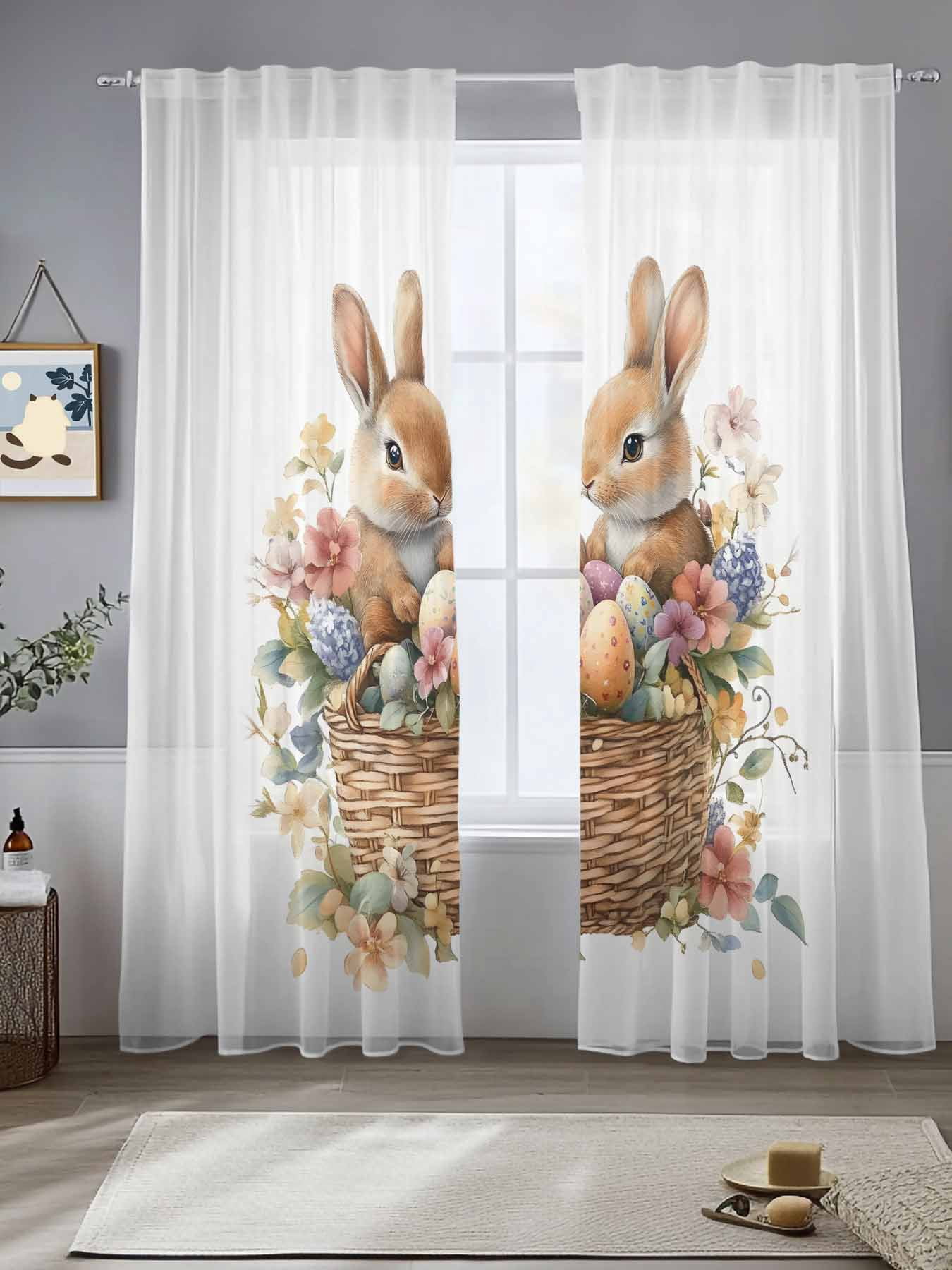 Spring Easter Sheer Curtains for Living Room Bedroom Eggs Bunny Floral ...