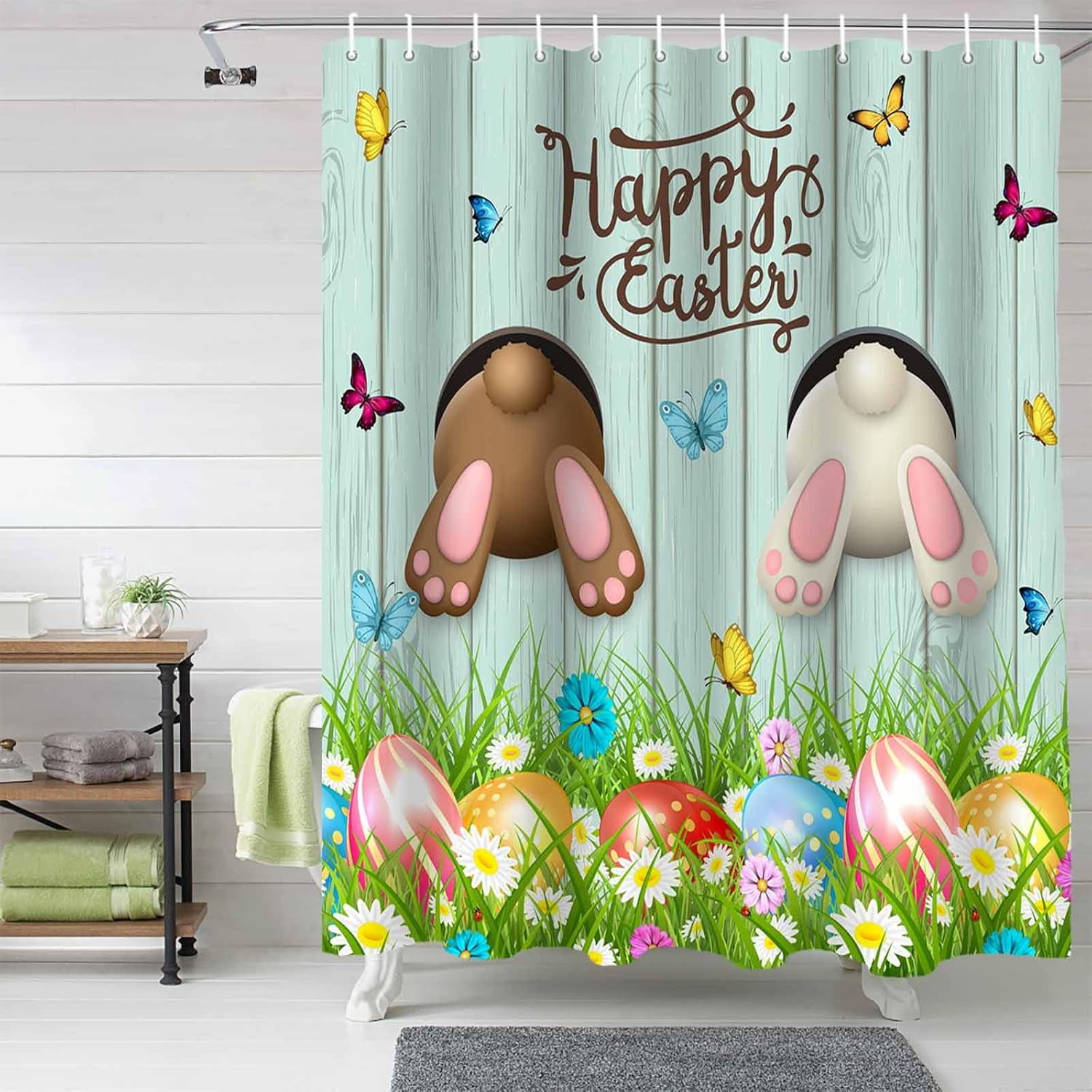 Spring Easter Shower Curtain, Funny Bunny Tails Rabbit Shower Curtains ...