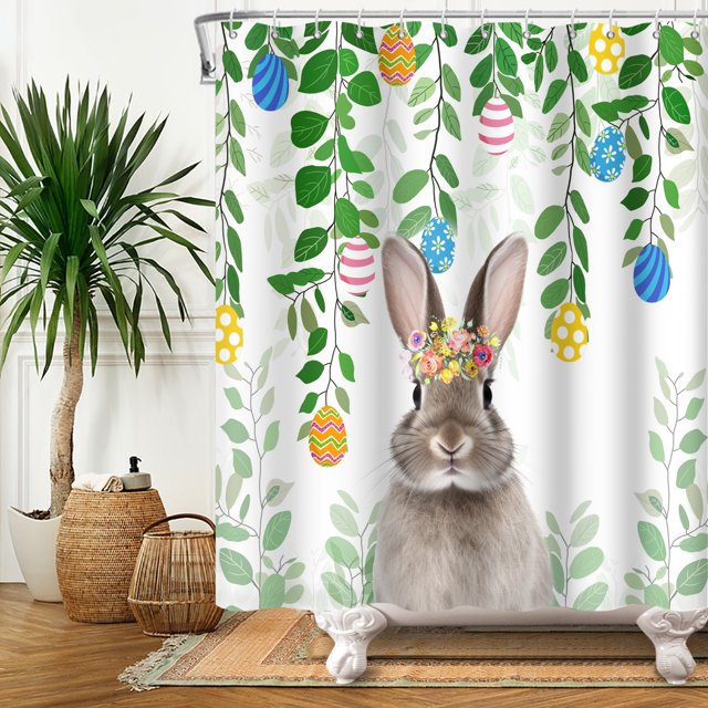 Spring Easter Shower Curtain,Happy Easter Bunny Fabric Bathroom Curtain ...
