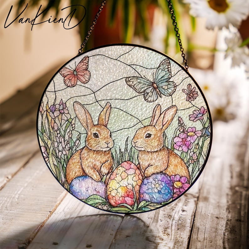 Spring Easter Suncatcher, Cute Rabbit Bunny Stained Glass Window Decor ...