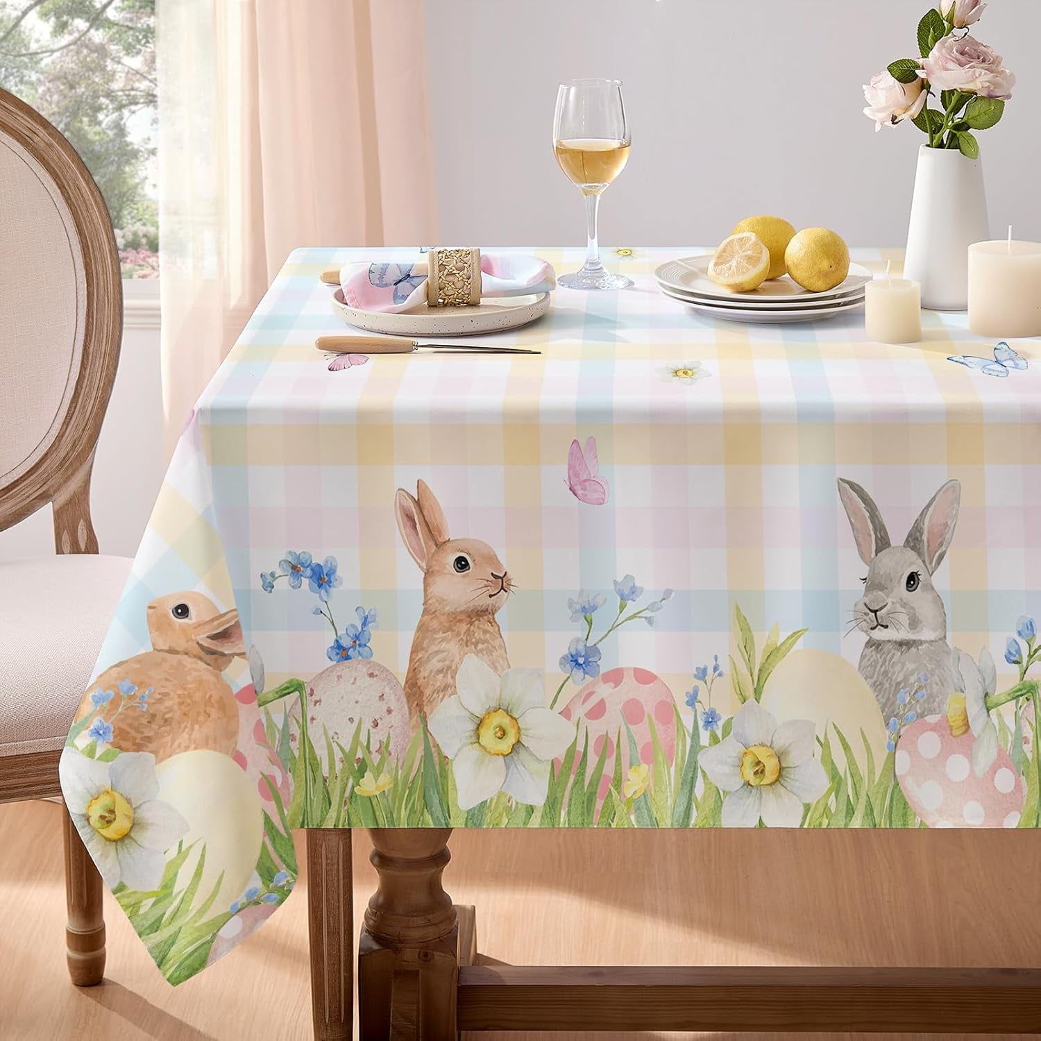 Spring Easter Tablecloth Rectangle - Bunny & Eggs Buffalo Plaid Flower ...