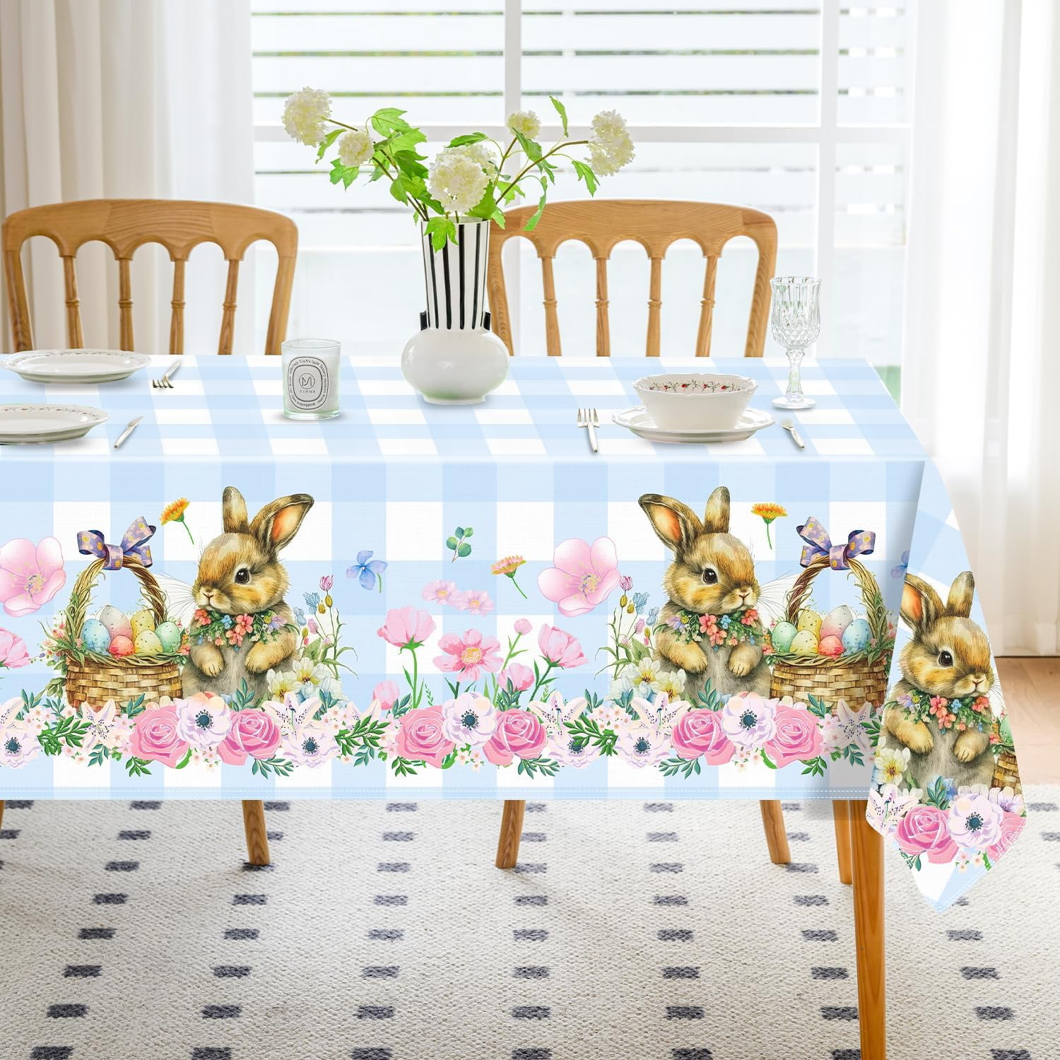 Spring Easter Tablecloth Rectangle, Flower Bunny & Eggs Buffalo Plaid ...