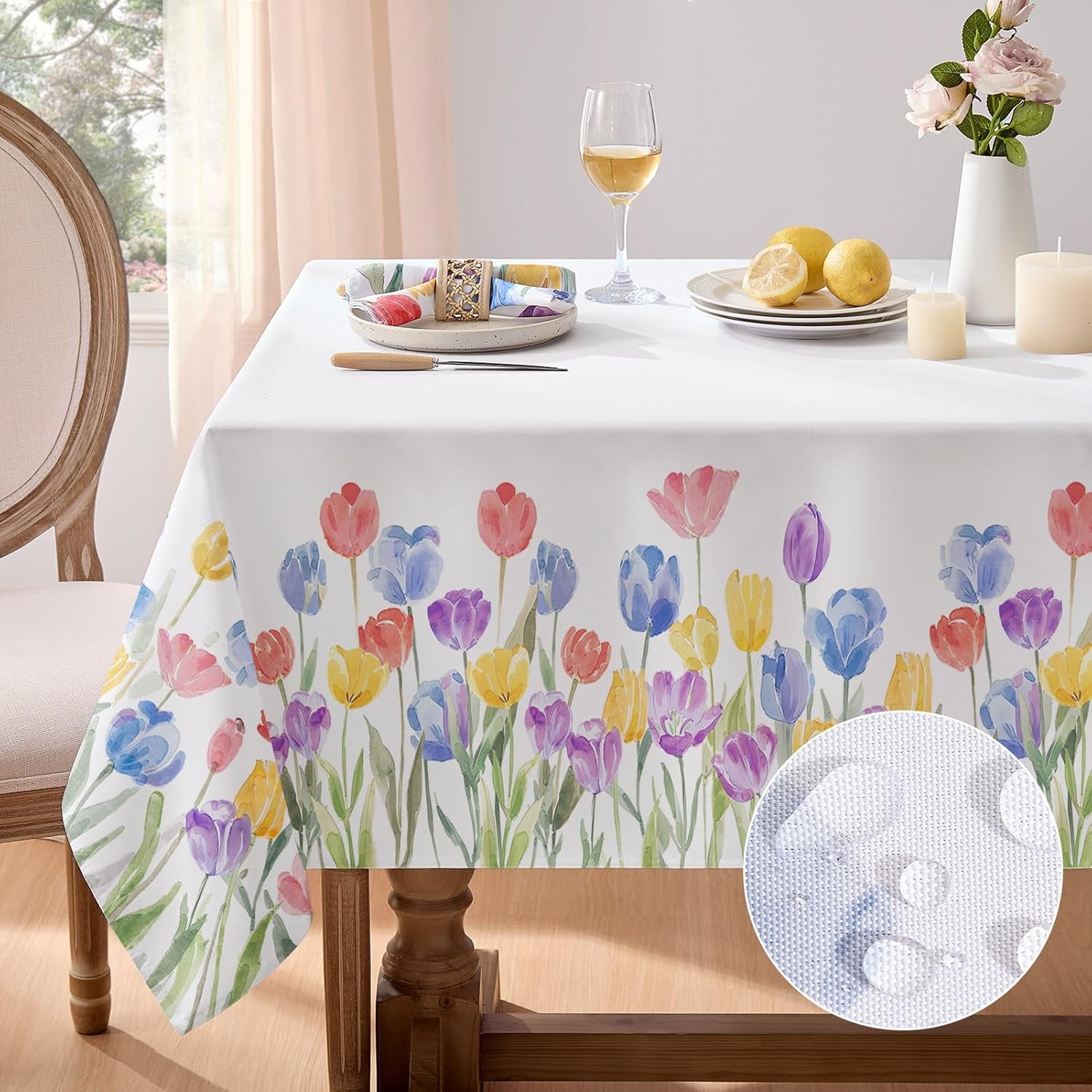 Spring Easter Tablecloth Rectangle - Waterproof Floral Pattern ...