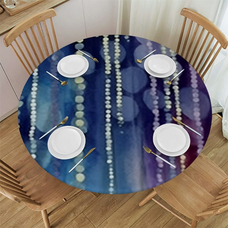 Spring Elastic Round Tablecloth Abstract Oil Painting Plant Blue Flower ...