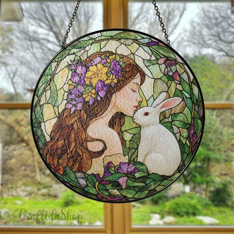 Spring Equinox Stained Glass Suncatcher, Goddess and Rabbit Window ...