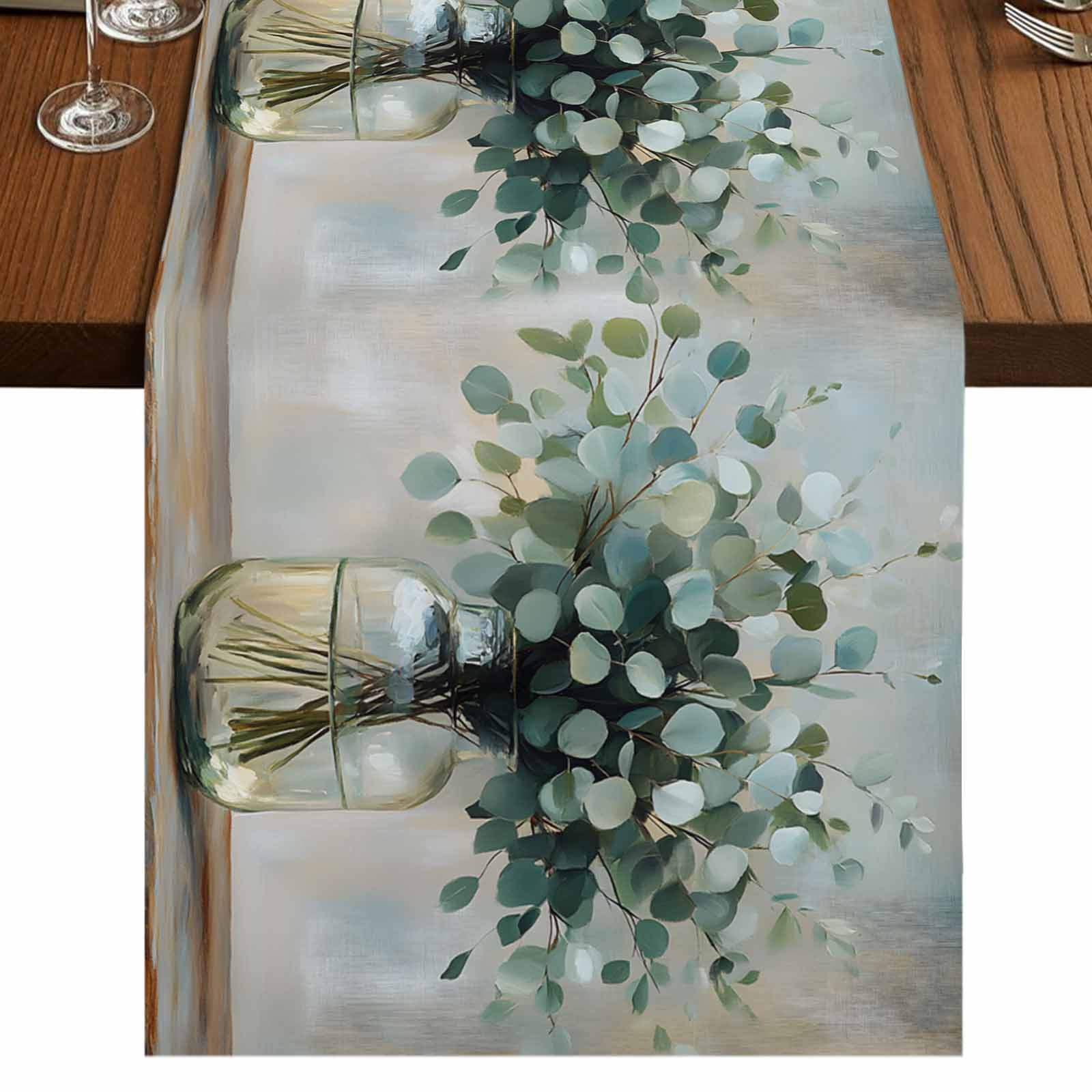 Spring Eucalyptus 120 Inch Table Runner, Pastoral Botanical Leaf Retro ...
