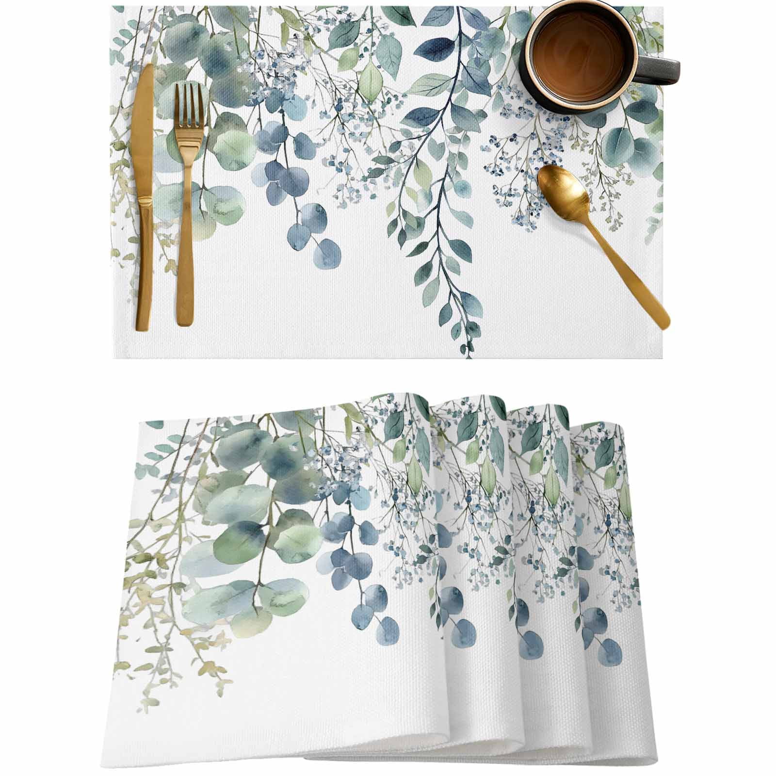 Spring Eucalyptus Leaf Green Watercolor Placemats Set of 4,Wipeable Washable Table Mats for ...
