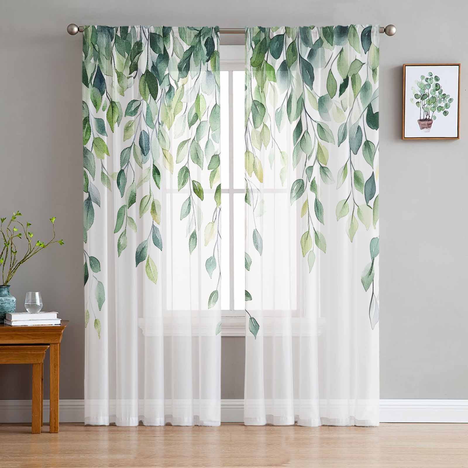 Spring Eucalyptus Leaves Sheer Curtains 96 Inches Long 2 Panels Set ...