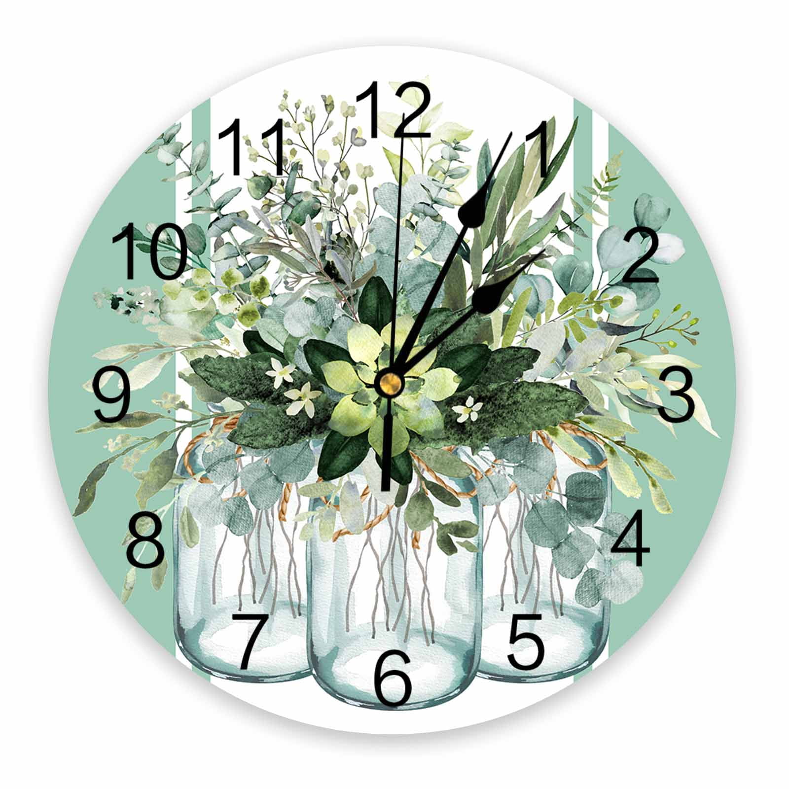 Spring Eucalyptus Leaves Striped Sage Green Printed Wall Clock Modern ...