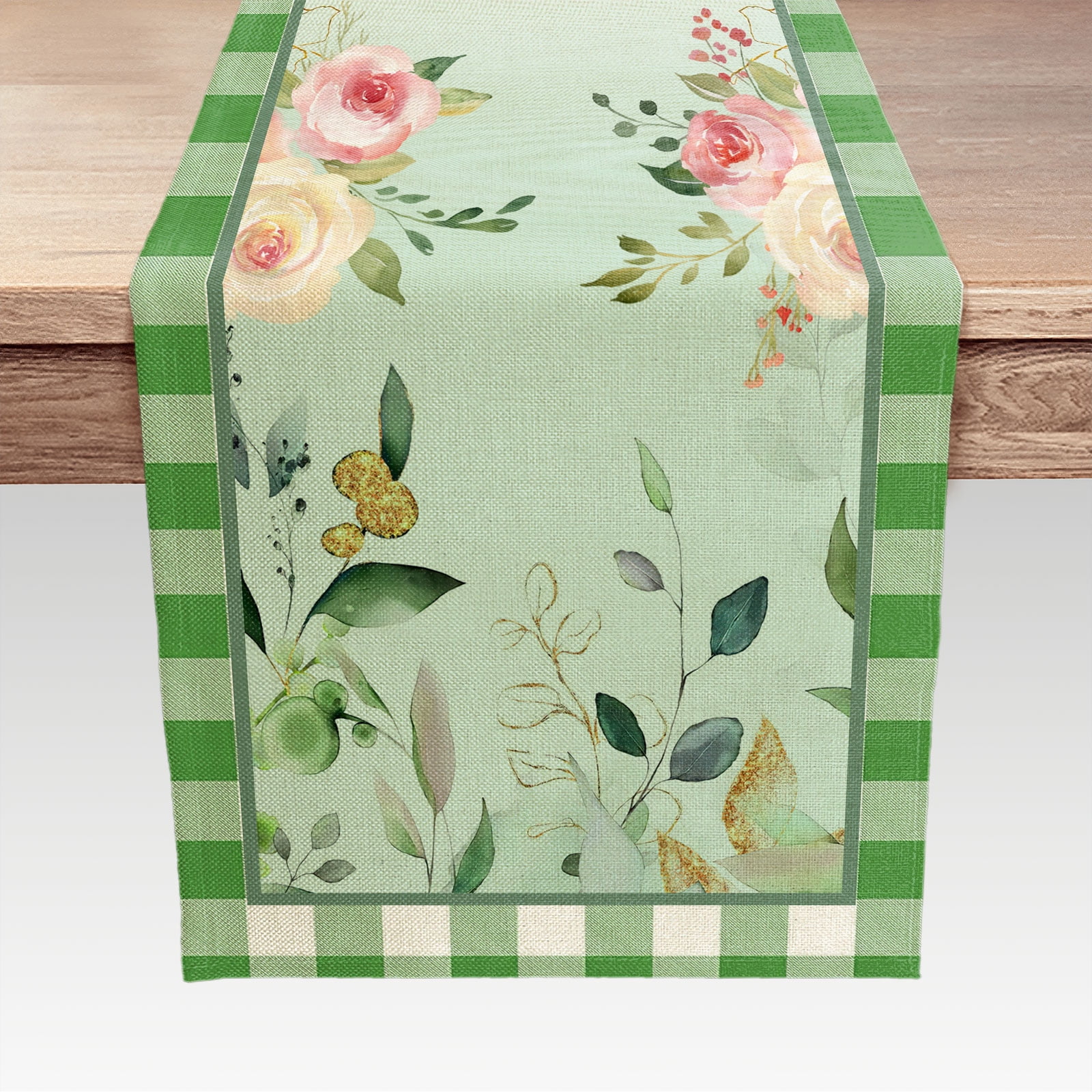 Spring Eucalyptus Leaves Table Runner, Summer Pink Rose Flower Shaped ...