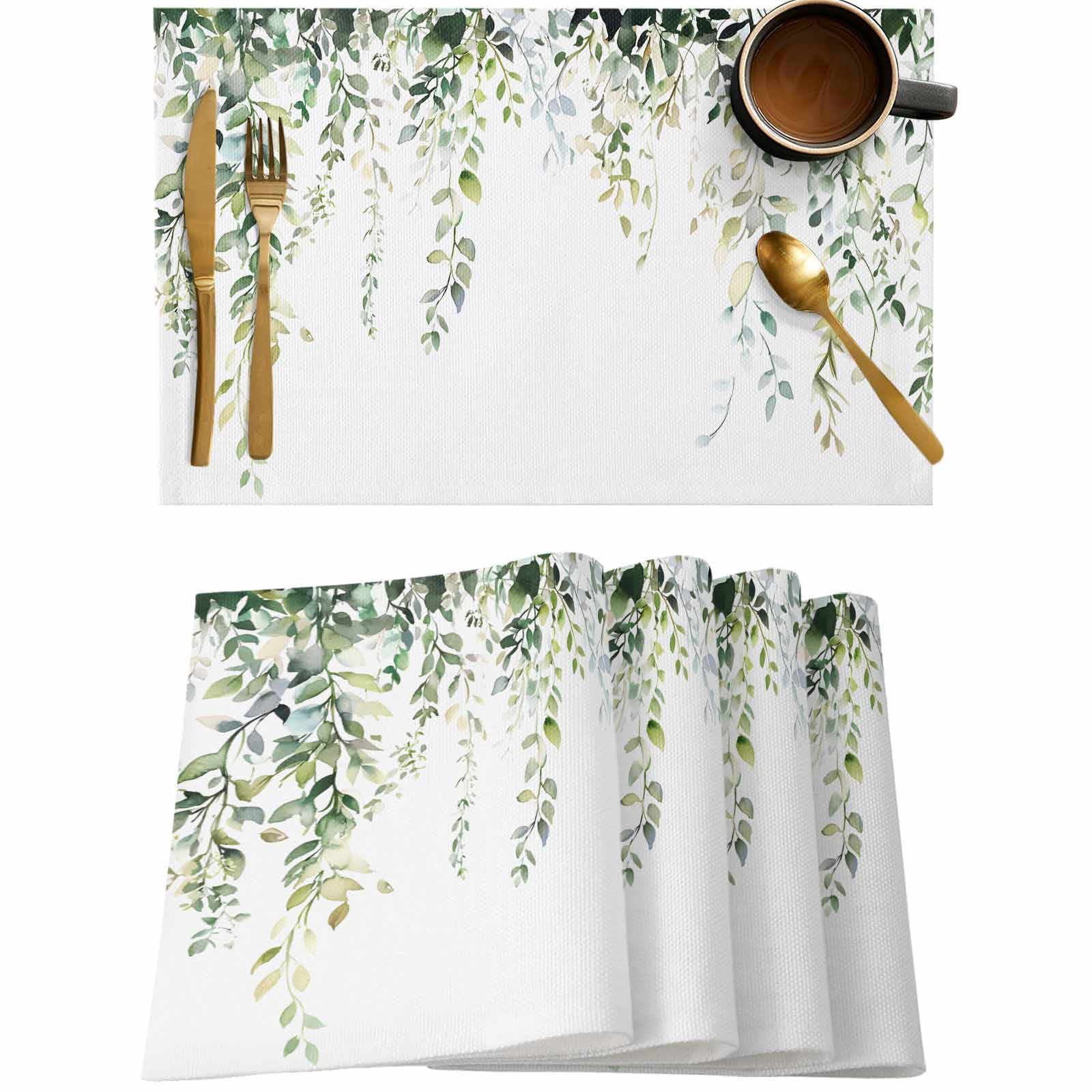 Spring Eucalyptus Leaves on White Placemats Set of 4,Wipeable Washable Table Mats for Dining ...