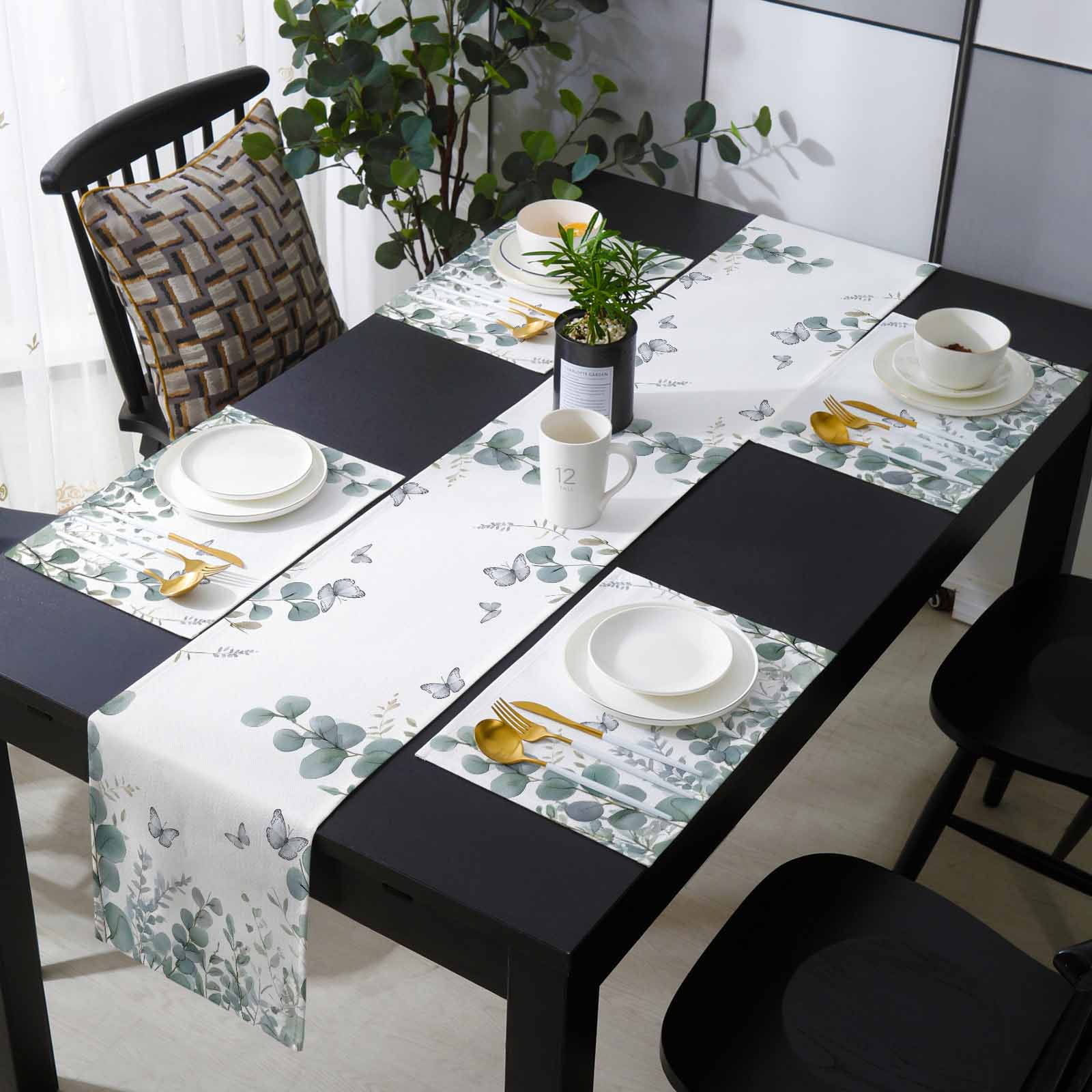 Spring Eucalyptus Placemats Set of 6 with 70 Inches Long Table Runners,Butterfly Leaf Watercolor ...