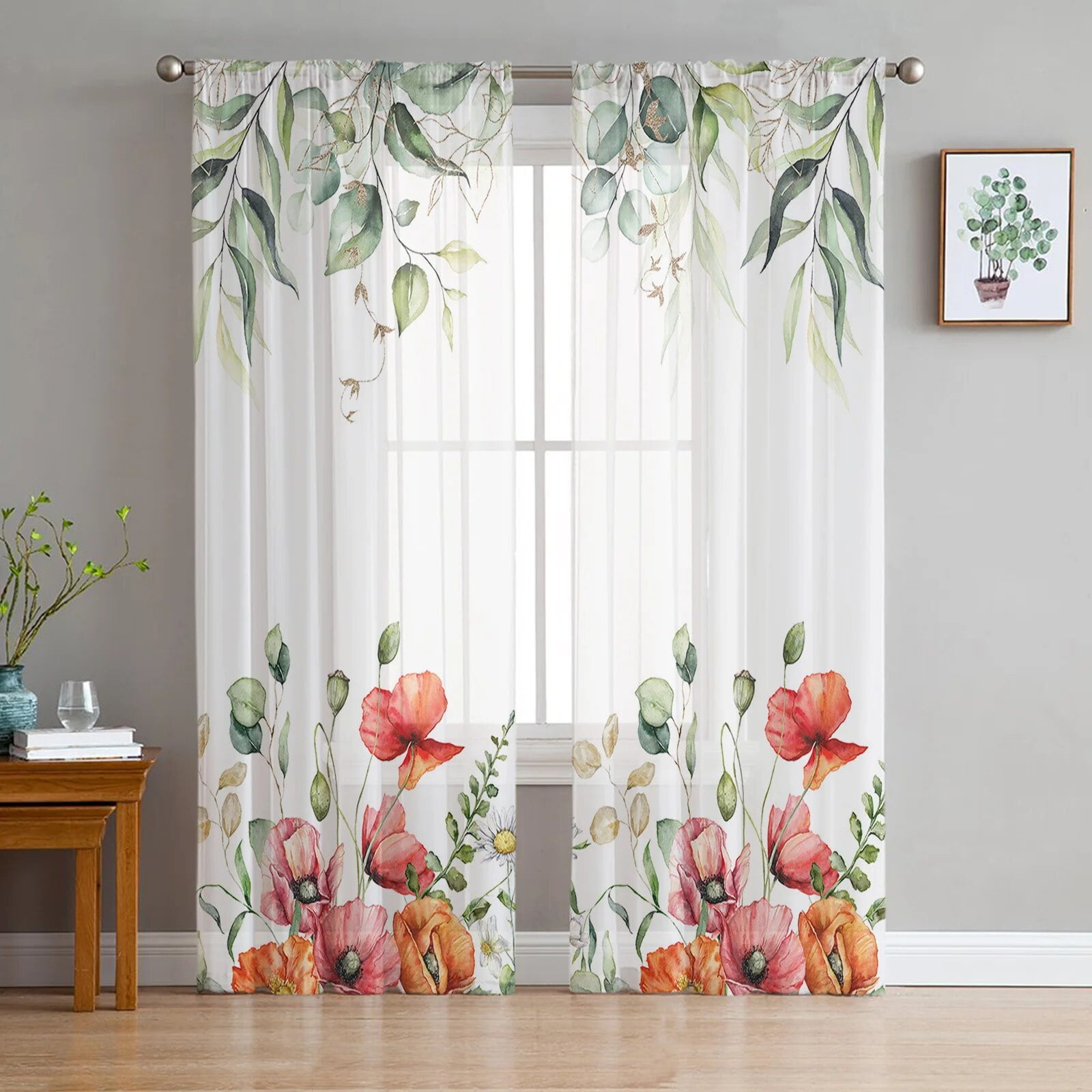 Spring Eucalyptus Poppy Flowers Tulle Curtains For Living Room Kitchen ...